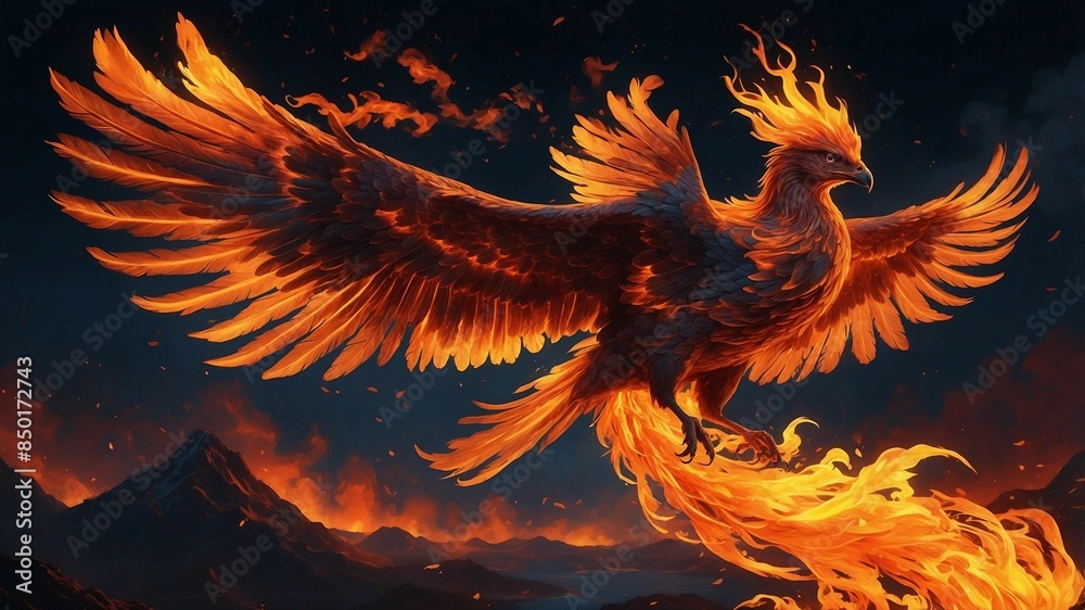 Phoenix Rising Illustration, The mythical bird's wings are spread wide ...