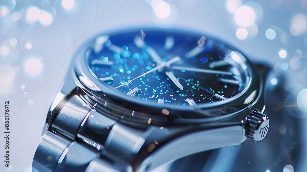 Watch: A sleek silver watch against a white background, with tiny blue ...