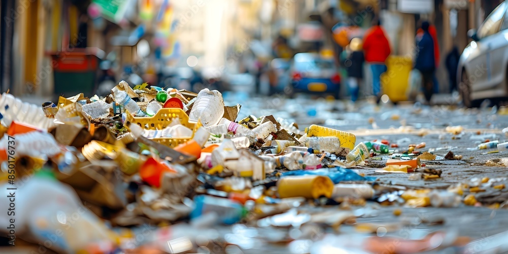 Image of a crowded street littered with garbage violating environmental ...
