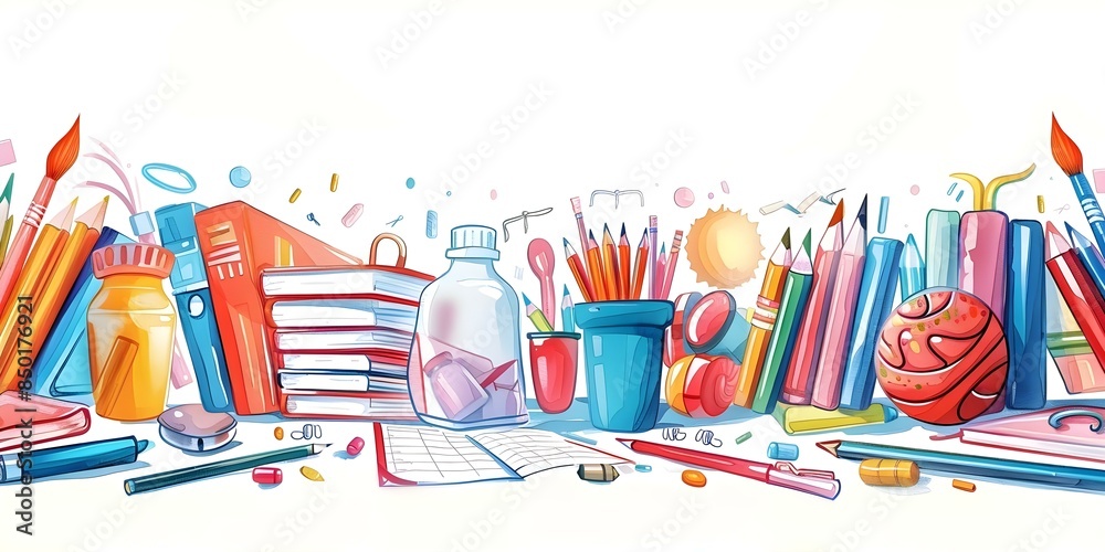 Cartoon school supplies border design on white background for backt ...