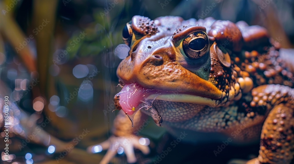 A toad with a long tongue is sitting on a rock in a pond. The toad is ...
