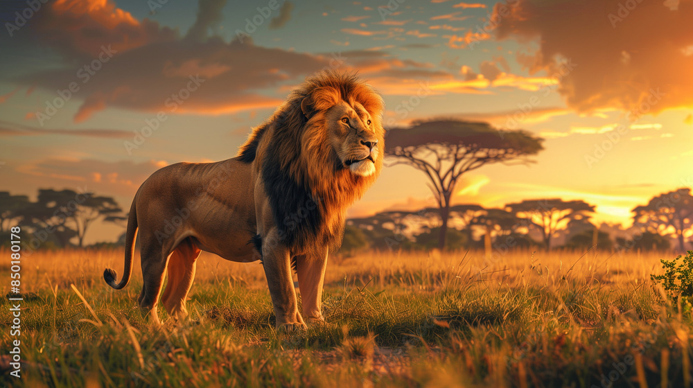 Majestic Lion at Sunset in the Savanna. The lion is illuminated by the ...