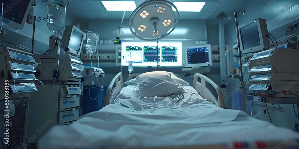 Emergency medical care in a hospital ICU room with life support ...