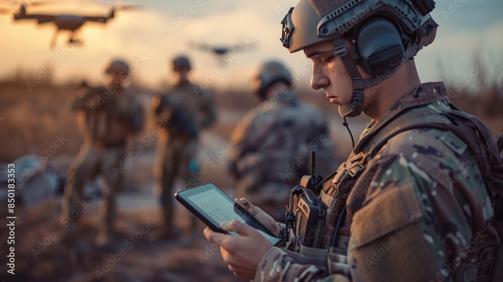 Military advancements. War strategist monitoring collaboration of ...