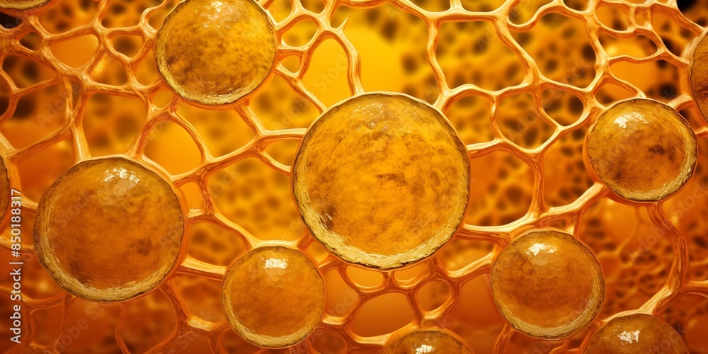 Microscopic View Chemical Process of Yellow Fat Cells. Concept ...