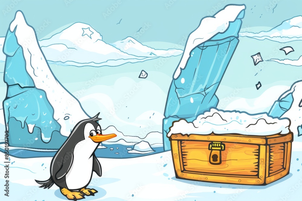 Cartoon cute doodles of a penguin finding a hidden treasure chest on an ...