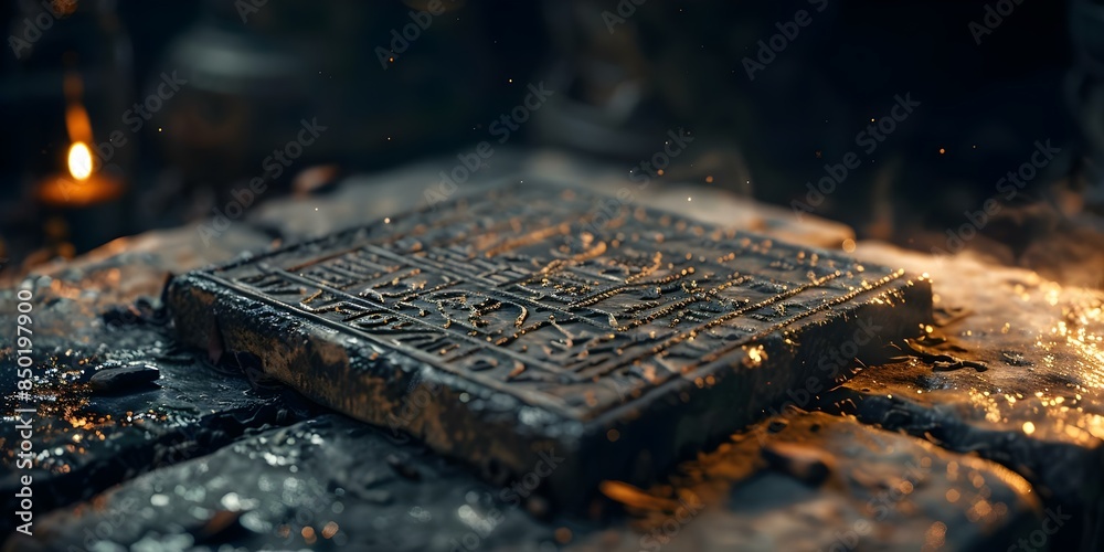 Mysterious hieroglyphic stone tablet with cryptic engravings ancient ...