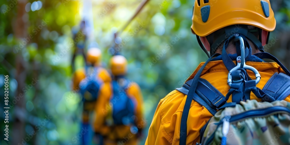 Ziplining adventurers in action A closeup of safety harness carabiners ...