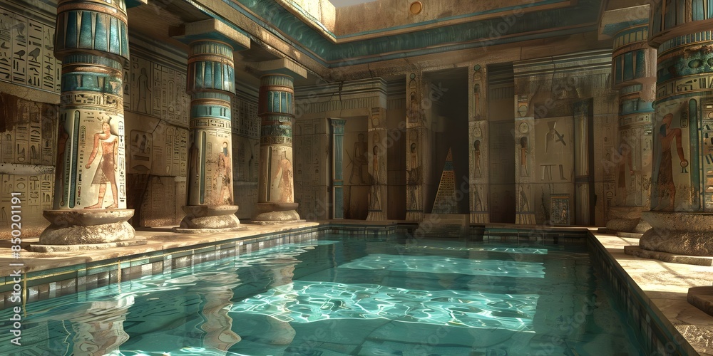 3D model of ornate Egyptian pool with hieroglyphs and obelisk. Concept ...