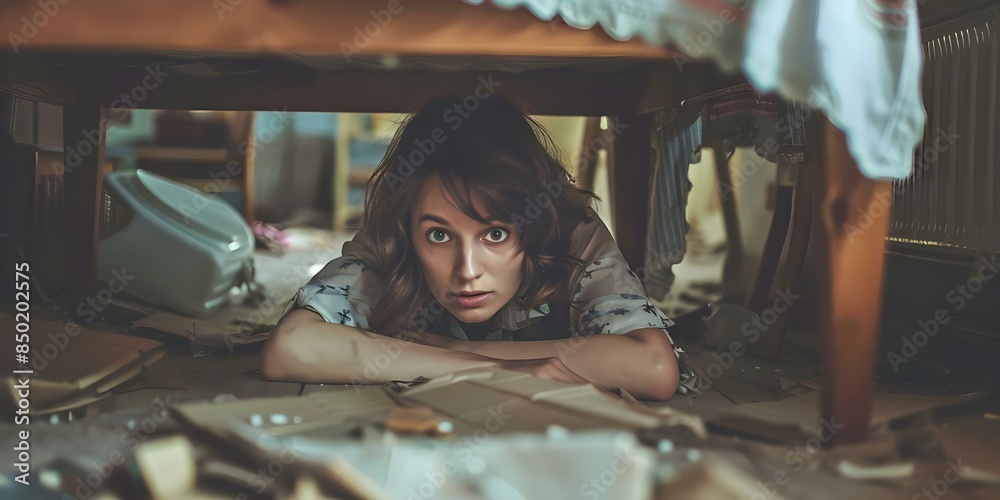 Foto de Woman cowers under table in cluttered room during earthquake ...