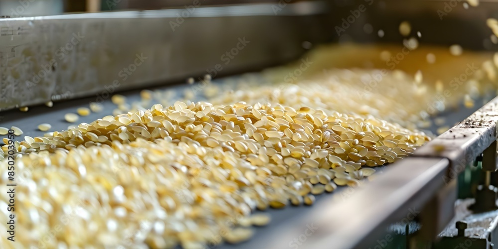A hopper sorting machine separating organic golden-yellow rice grains ...
