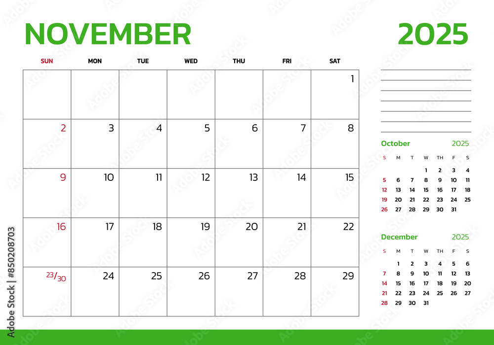November 2025 Calendar. Week start on Sunday. Desk calendar 2025 design ...