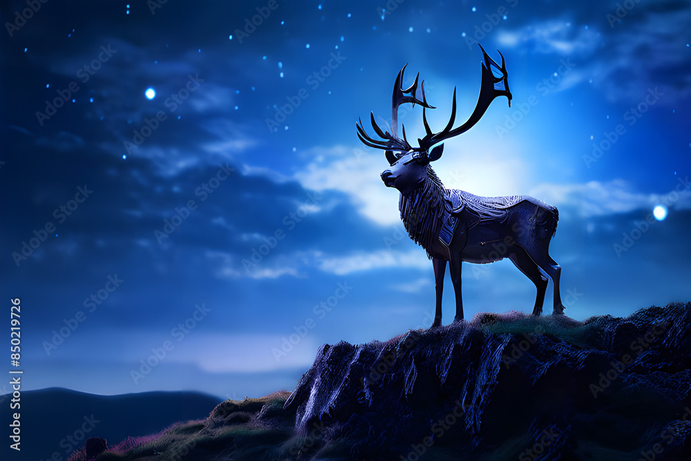 A proud stag standing tall on a hill, equipped with regal, knightly ...
