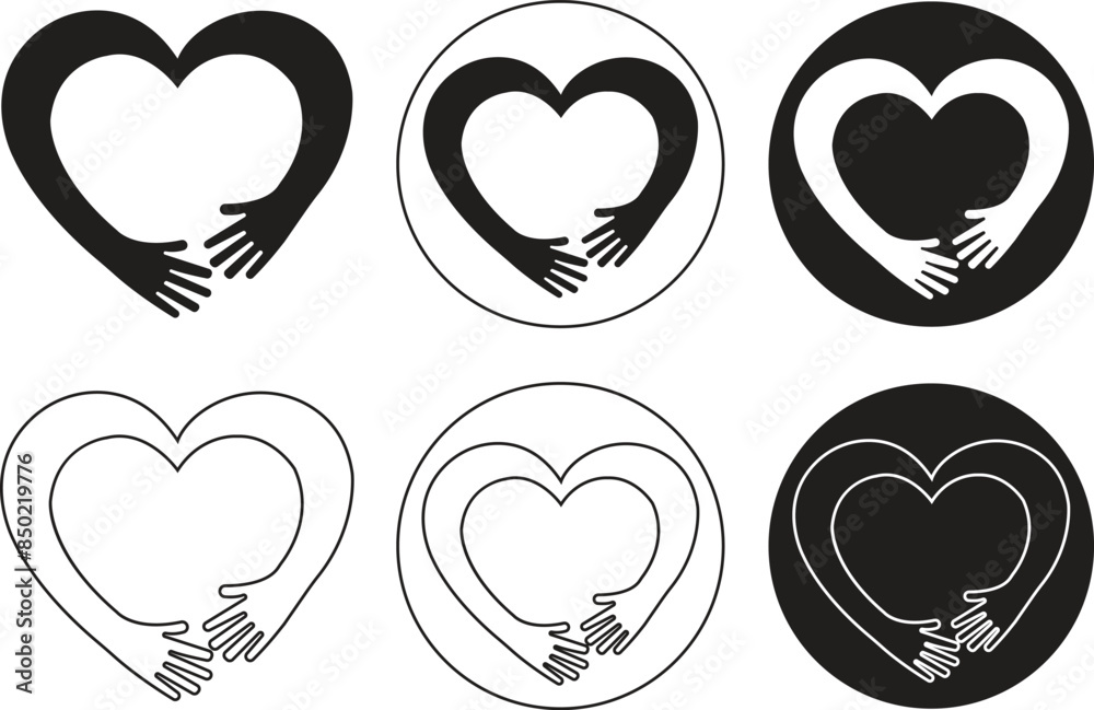 Hugging arms in flat, line shape of heart icons Set. Embrace of ...