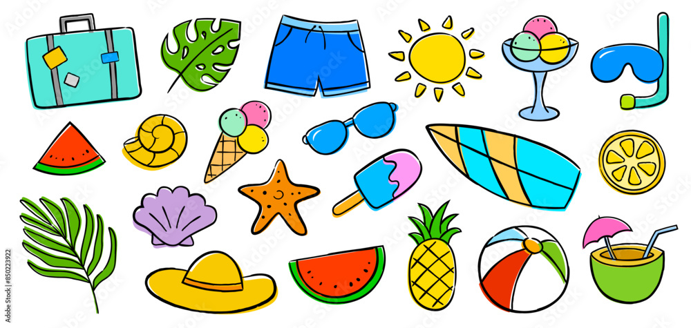 Summer icon doodle set on white background. Summer hand drawn symbols ...