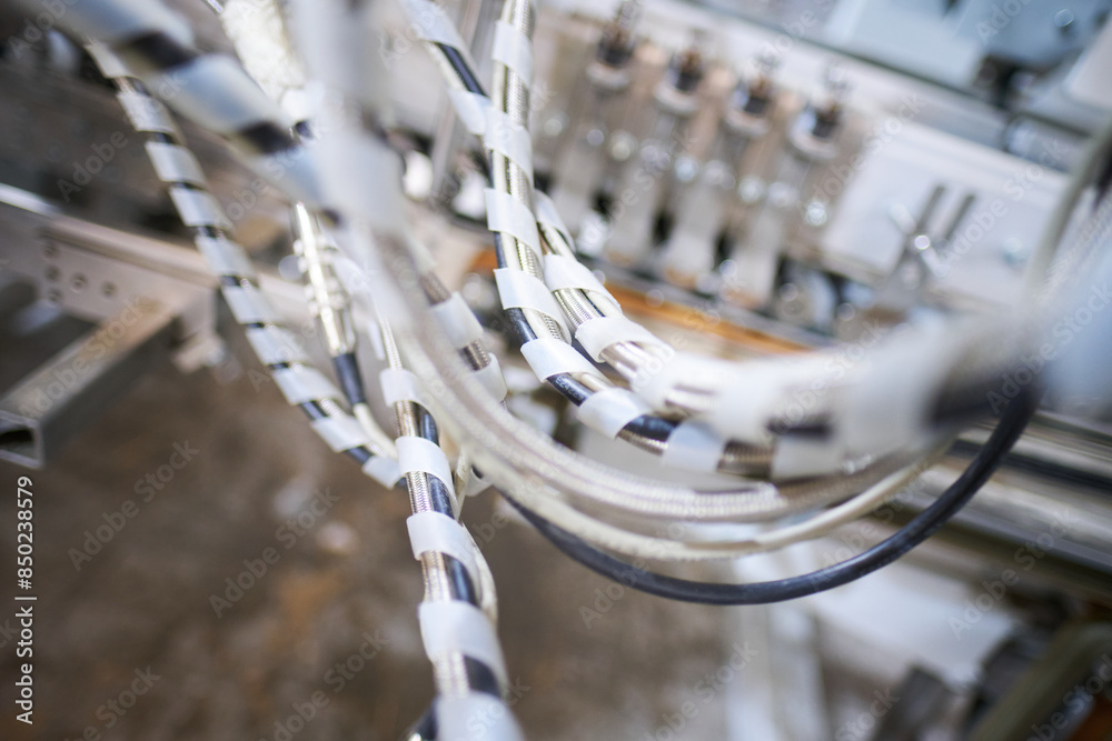 A tangle of metal industrial electric wiring near a computer system ...