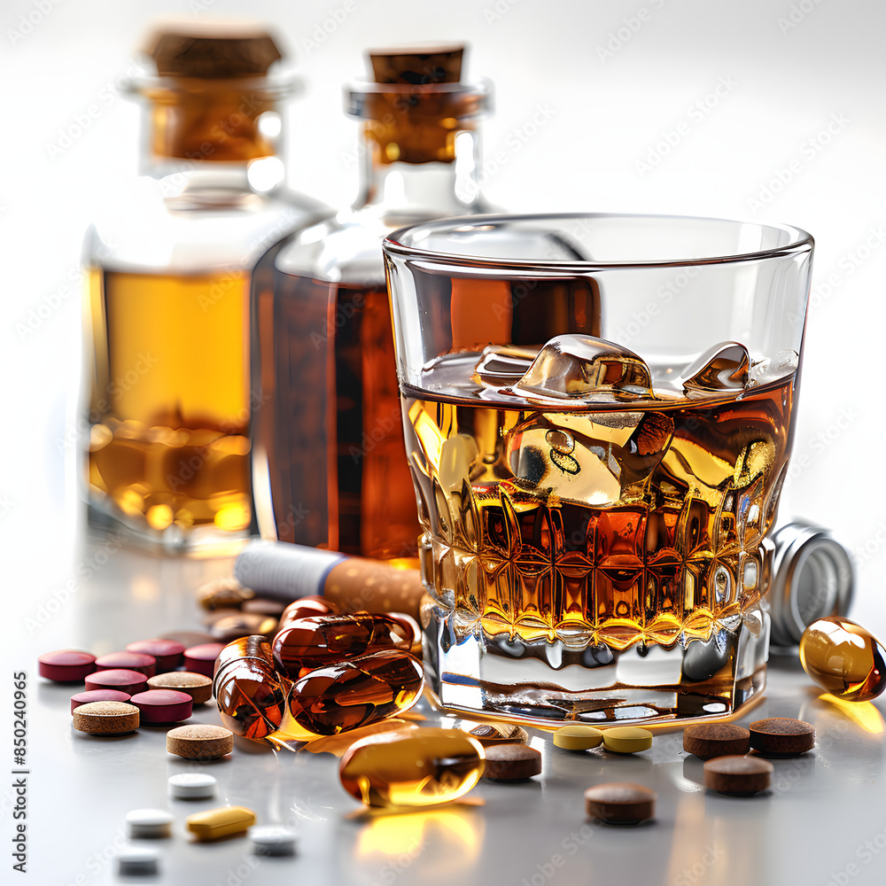 alcohol and drug addiction. whiskey in glass, bottle, cigarettes and ...