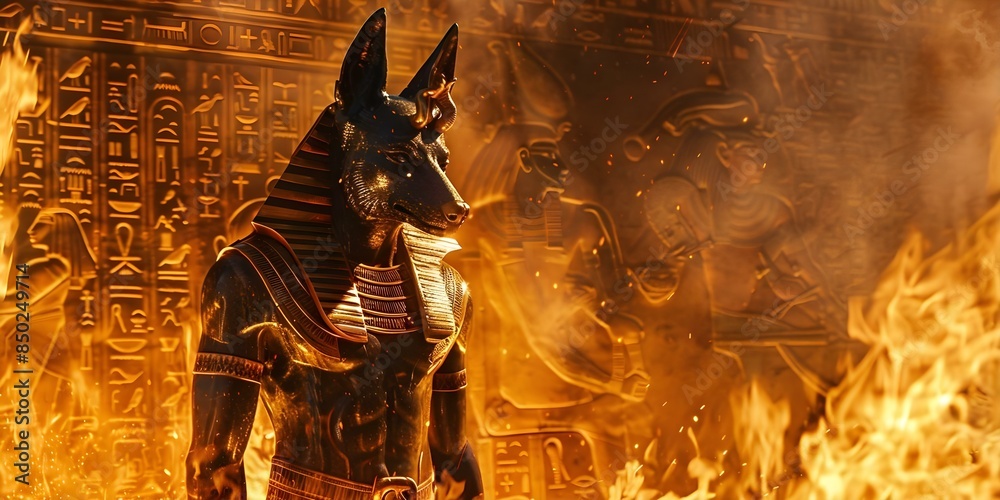 Anubis statue in flames with Egyptian hieroglyphs exudes ancient power ...