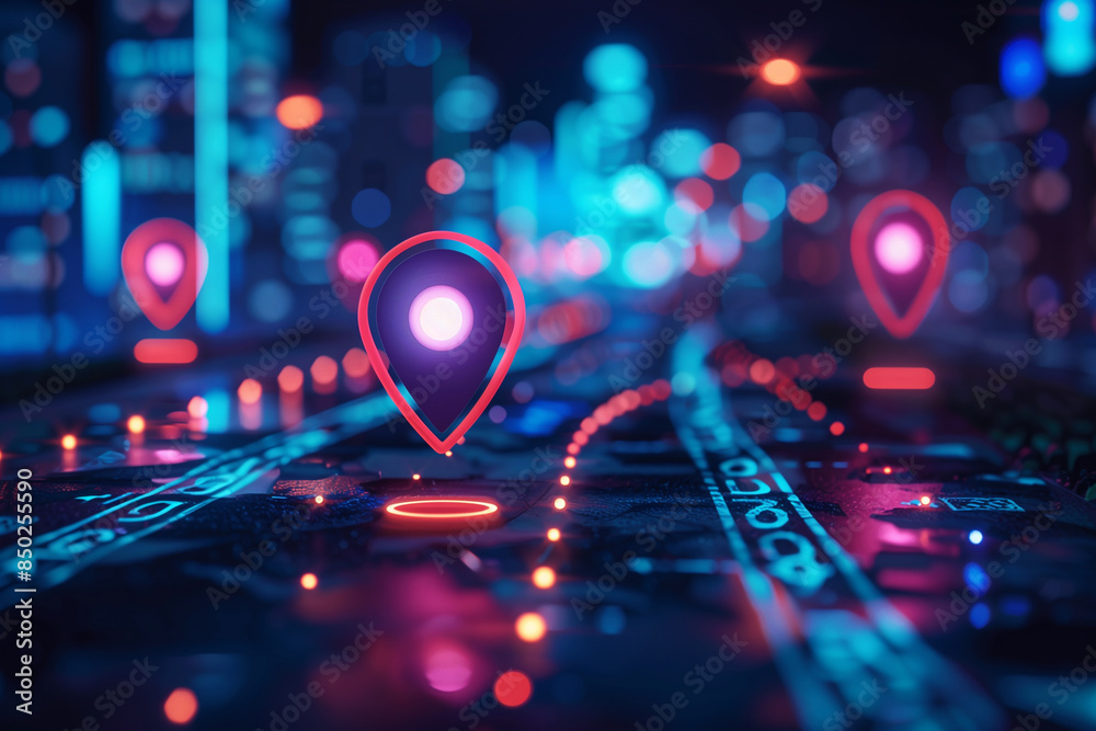 Digital GPS location pin sign Localization icons in a connected ...