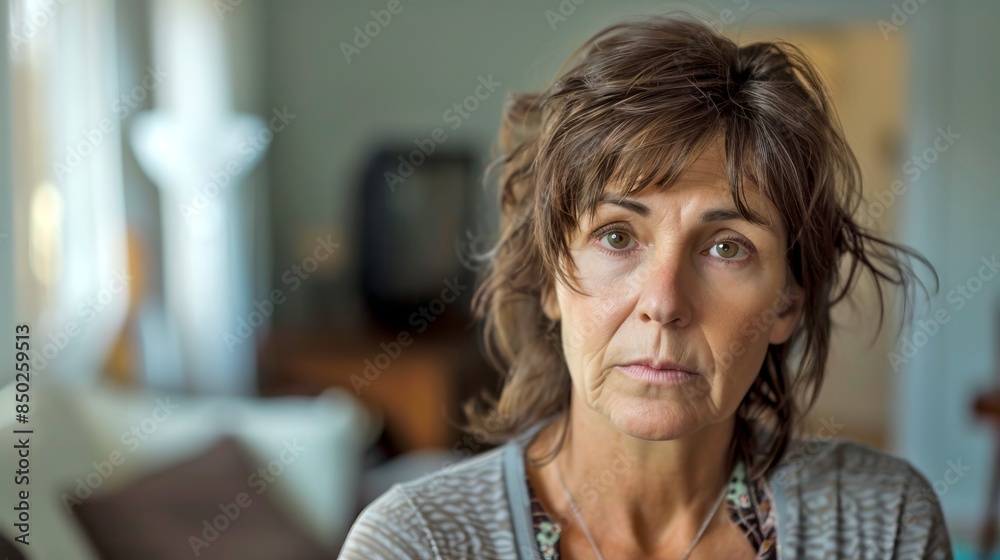 Portrait of a mature woman with thoughtful expression in a cozy living ...