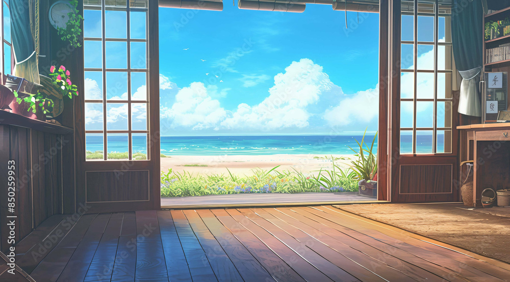 view from window to the sea, window in the garden, beautiful anime ...