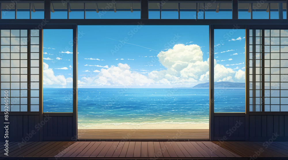 view from window to the sea, window in the garden, beautiful anime ...