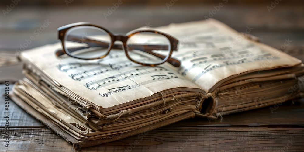 Vintage carol songbooks musical notes and spectacles on an oak table ...