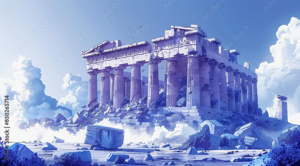 Cartoon Vector Illustration of an Ancient Greek Temple in a Serene ...