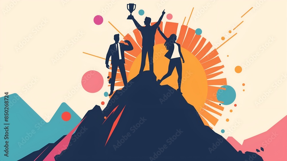 Team Success Concept – Silhouettes Celebrating Achievement on Mountain ...