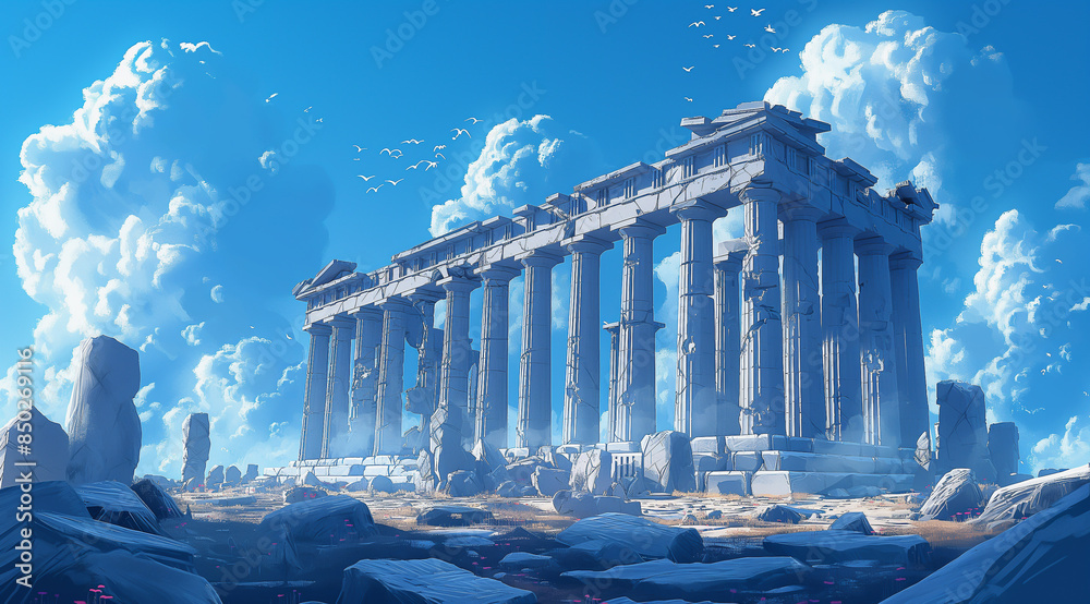Cartoon Vector Illustration of an Ancient Greek Temple in a Serene ...