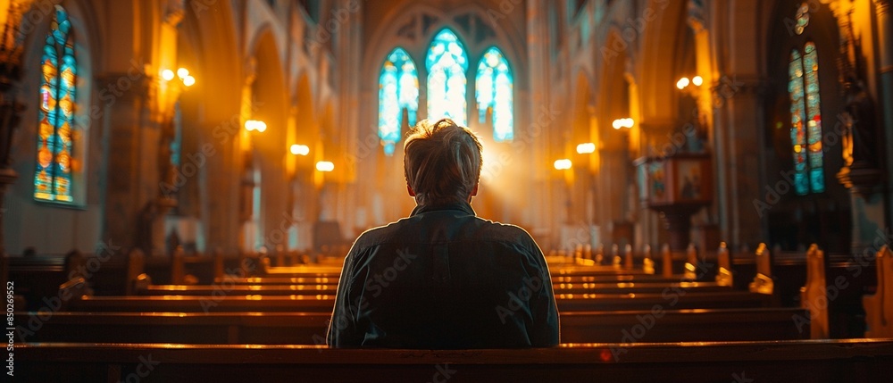 Back view of a man sitting alone on a wooden pew in an empty church ...