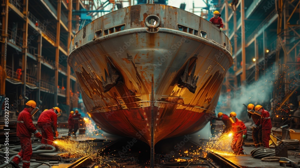 Welders Working on Ship in Drydock. Group of welders is working on a ...