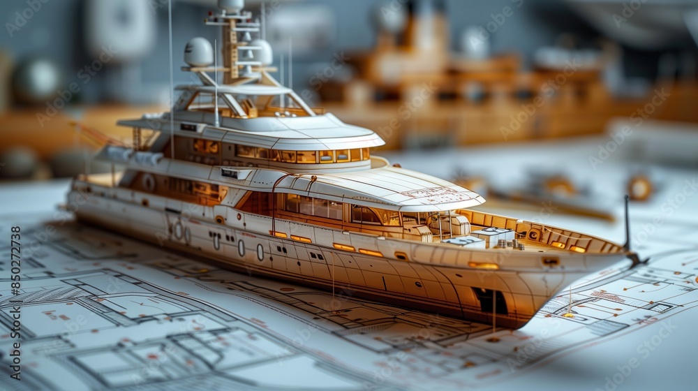 Yacht Model on Engineering Blueprints. Detailed model of a yacht is ...