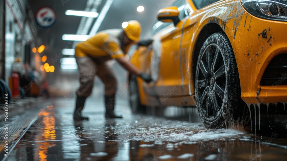Washing Yellow Car with Foam. Worker washing a yellow car with foam in ...