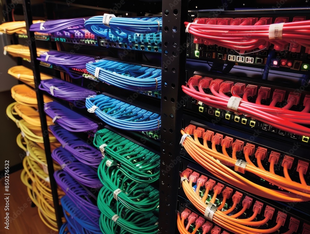 Colorful network cables neatly organized in a server rack within a data center, ensuring ...