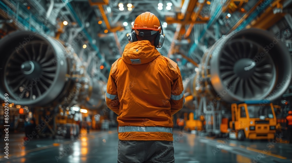 Engineer Supervising Jet Engine Assembly. Engineer in safety gear ...