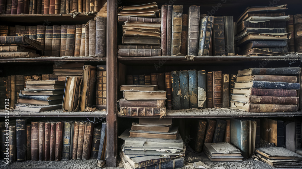 Dusty, old books are crammed into weathered shelves, creating an ...