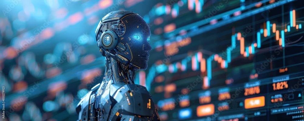 Stock market signs integrated with AI symbols, high-tech look, blue and ...