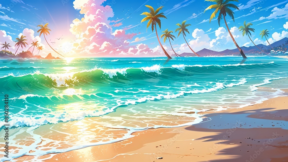 Beach landscape, ocean waves Anime style illustration, anime flat art ...