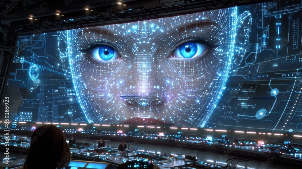 A large blue-eyed face is displayed on a screen, possibly a TV or a ...