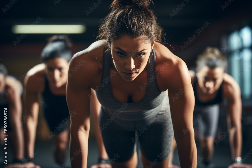 Closeup of varied gym-trained people doing bodyweight push-ups. Press ...