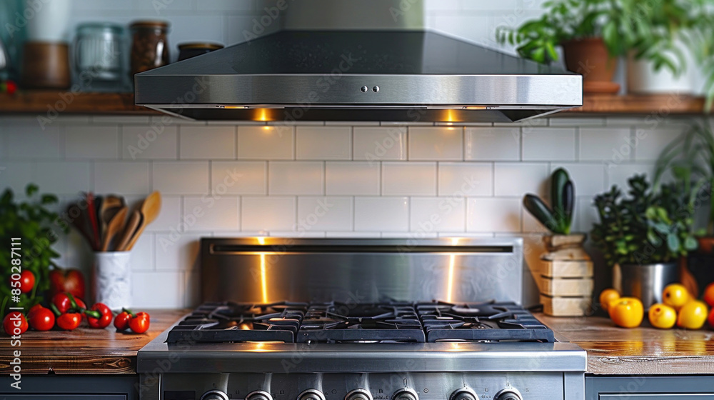 A sleek, stainless steel exhaust hood with grease baffles and a fire ...