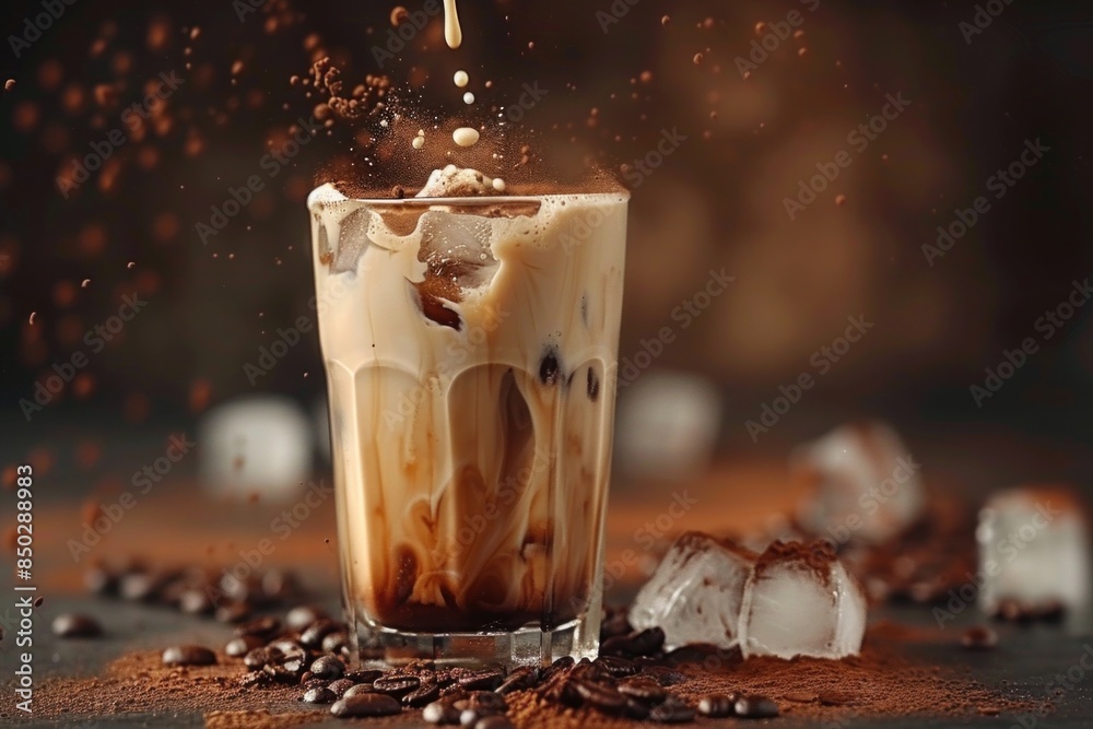 Cold coffee in a tall glass with milk cascading from above, swirling ...