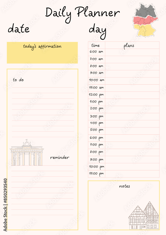 Vetor de A daily planner template with a German theme. Illustrations ...