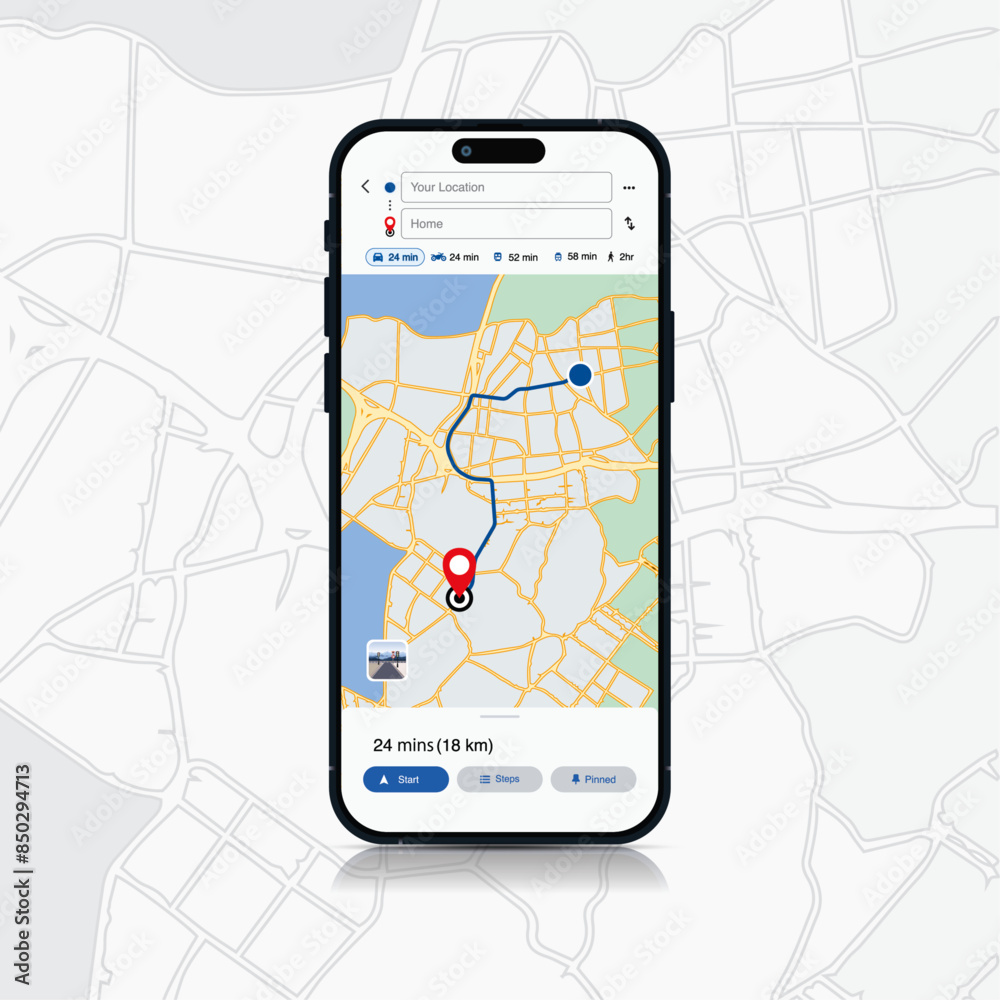 Smartphone Map App with GPS Navigation and Red Marker Pin Point on ...