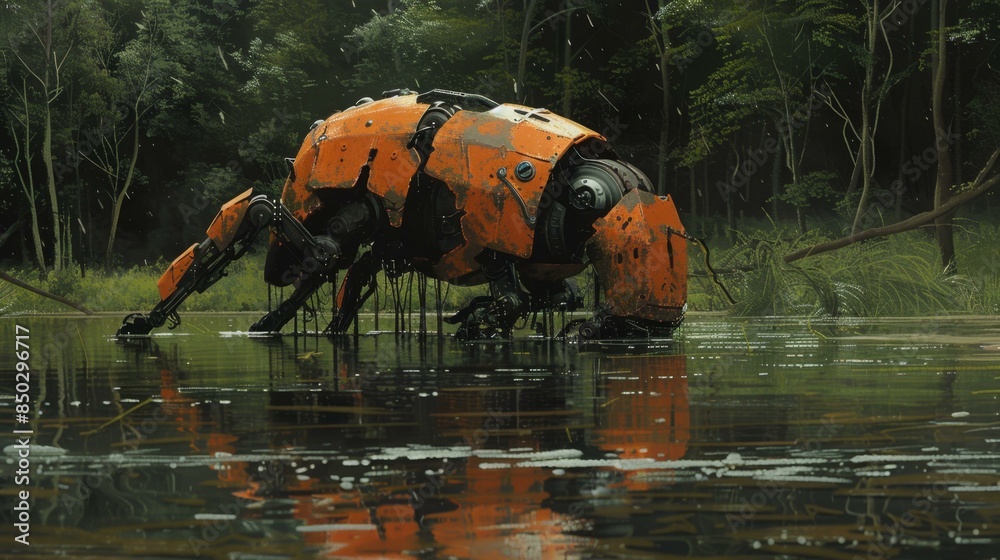 An orange robot is seen in a body of water, possibly a swamp, with its ...