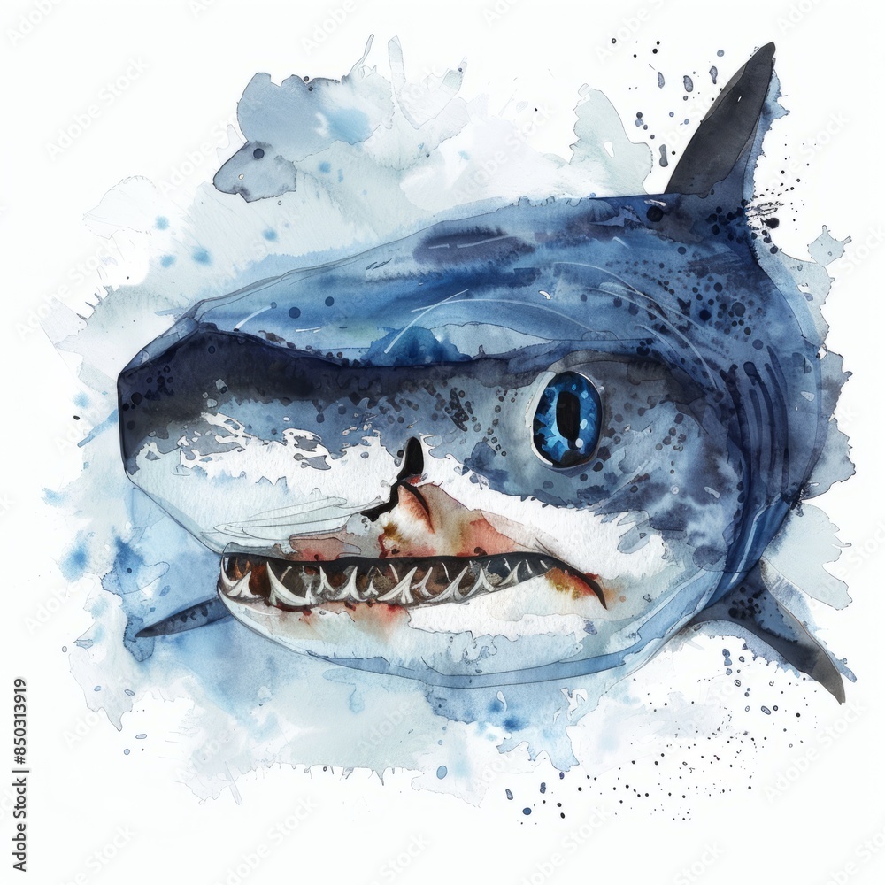 Watercolor painting of a fierce shark's eye, dark and unrelenting ...