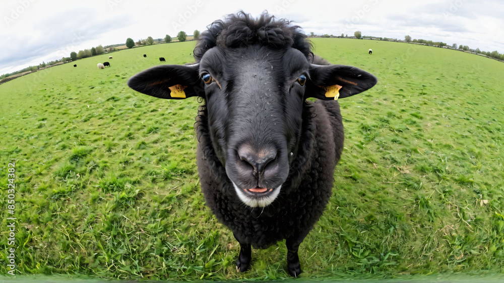 Happy lamb, small sheep face looking frank and cute, headshot in front ...