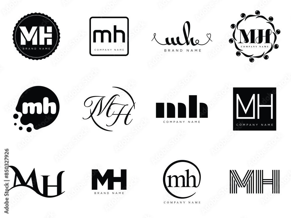MH logo company template. Letter m and h logotype. Set different ...