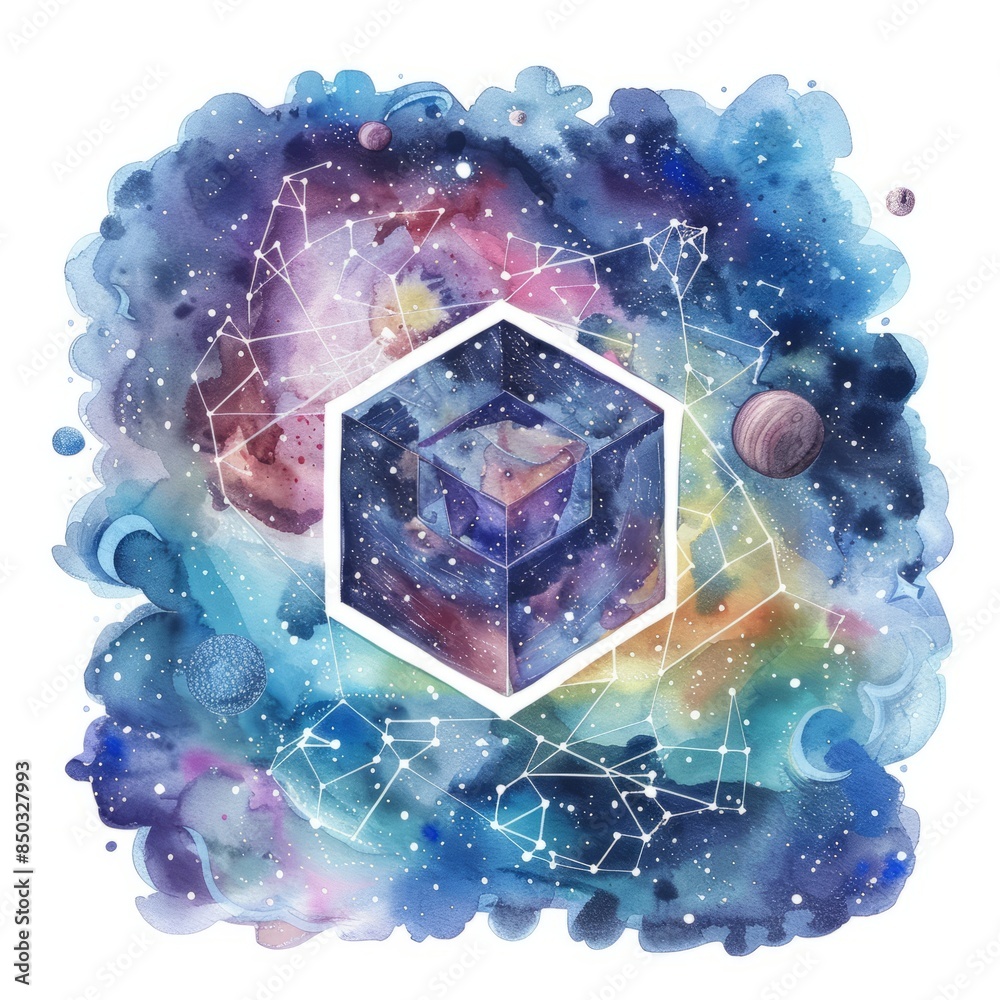 Watercolor painting of a hypercube floating in a sea of stars, surrounded by celestial objects ...